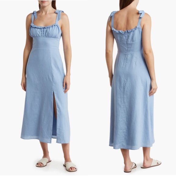 Wayf | Dresses | New Wayf Chambray Blue Ruched Tie Strap Ruffle Trim ...